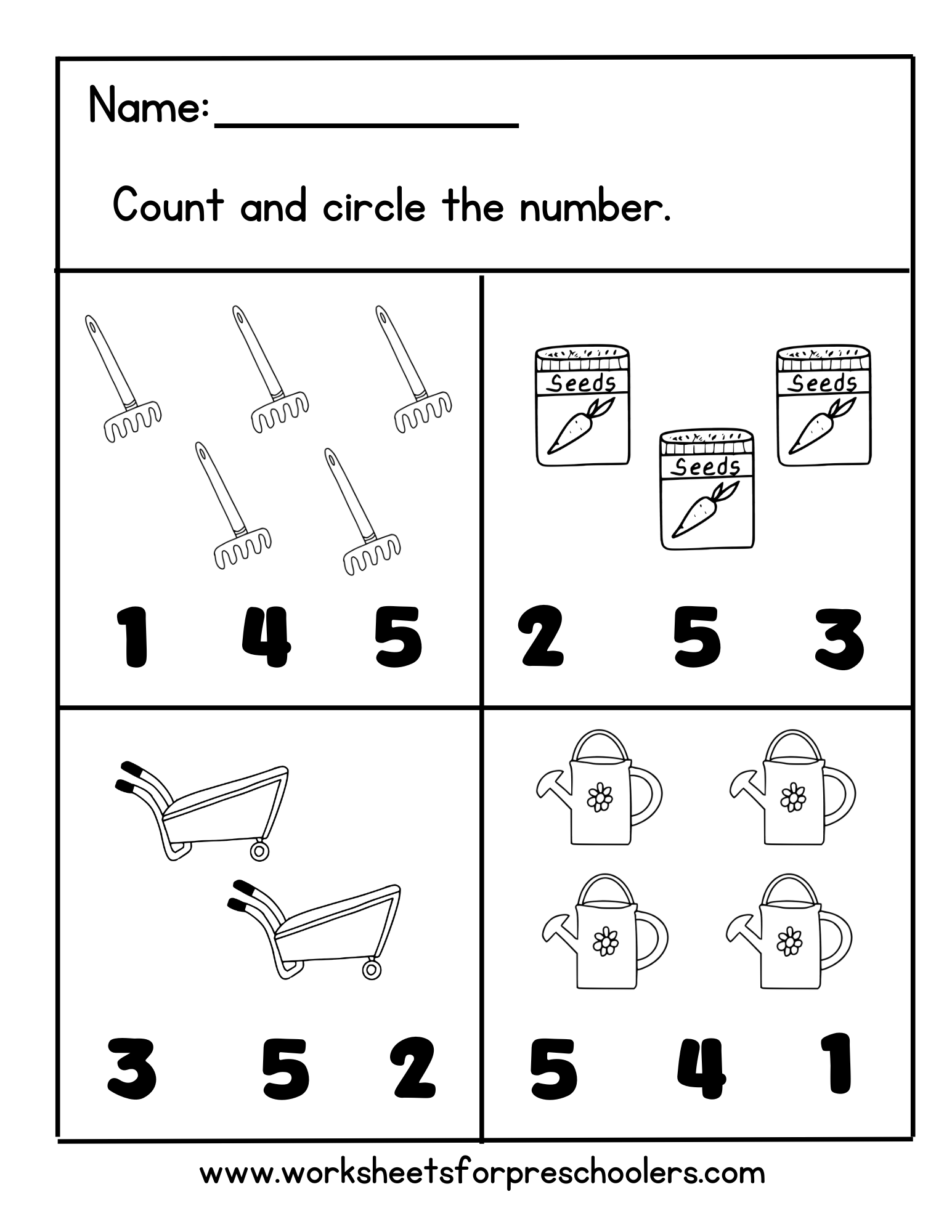 Gardening Count and Circle Number Worksheet