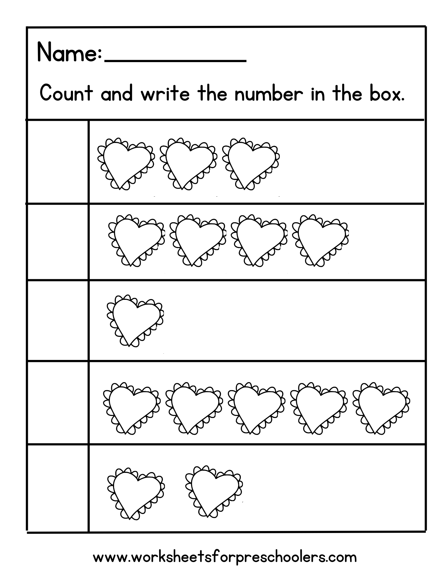 Valentine Day Counting Number Worksheet