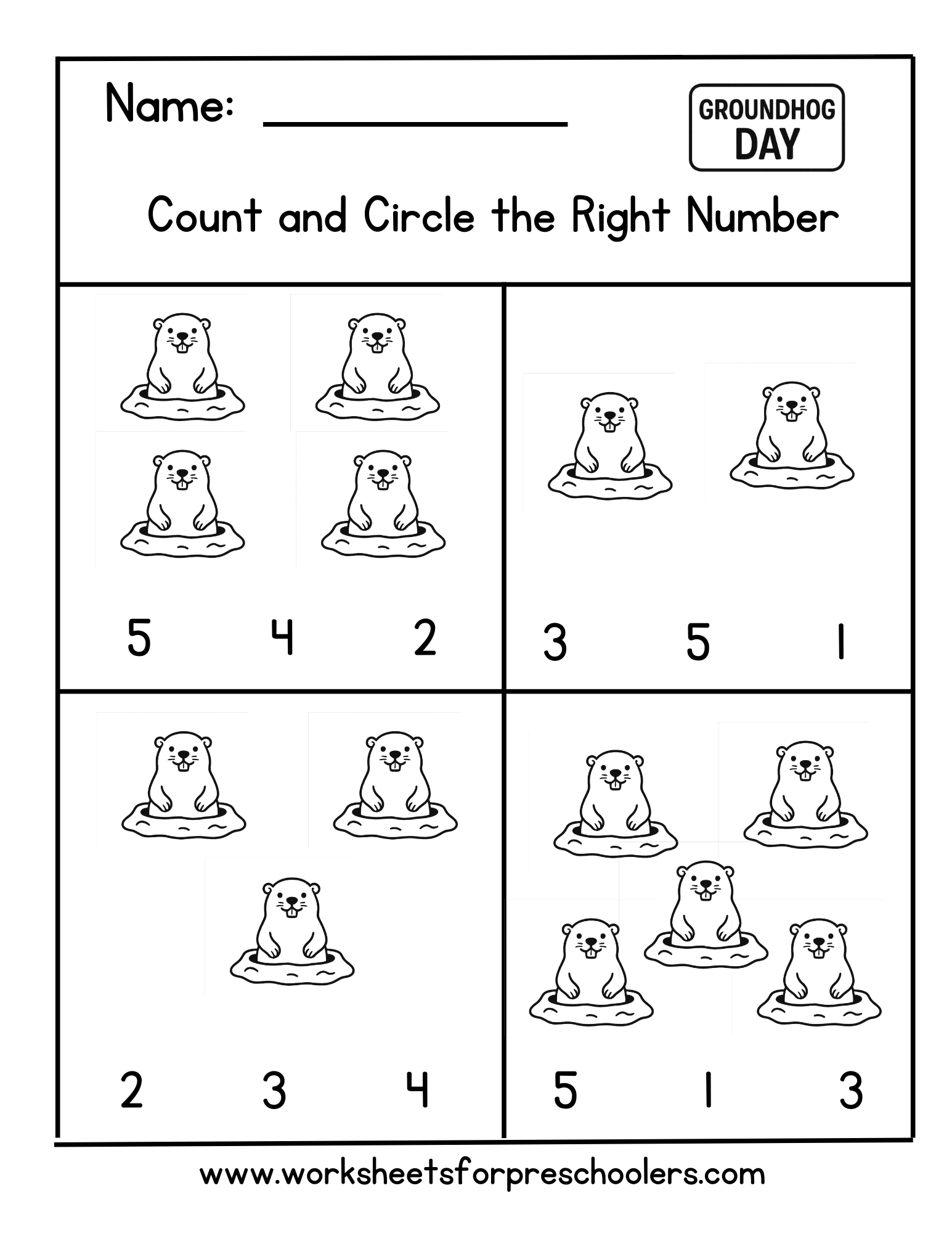 Groundhog Day Counting Worksheet Preschool – Count and Circle Numbers