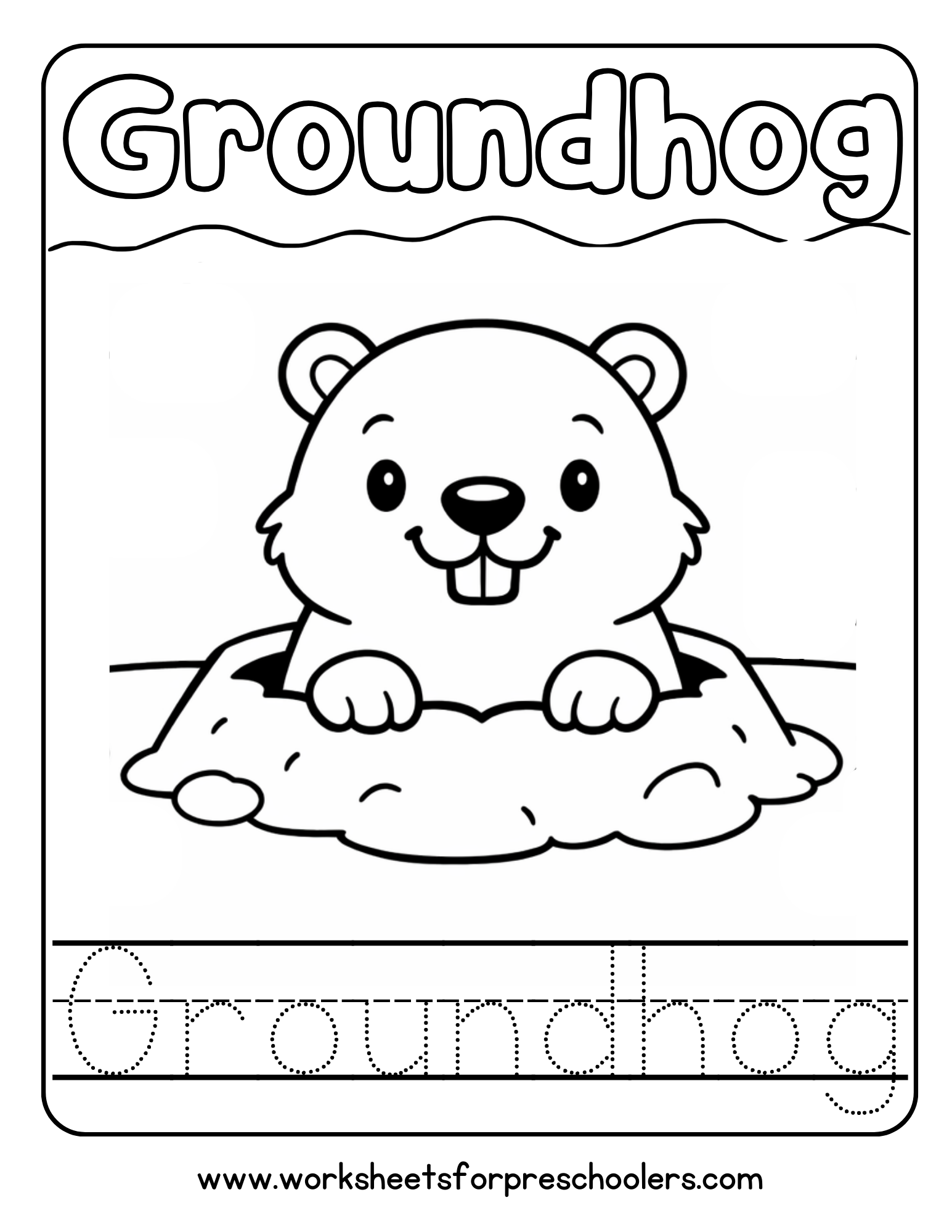 Groundhog Picture Tracing Worksheet for Preschool