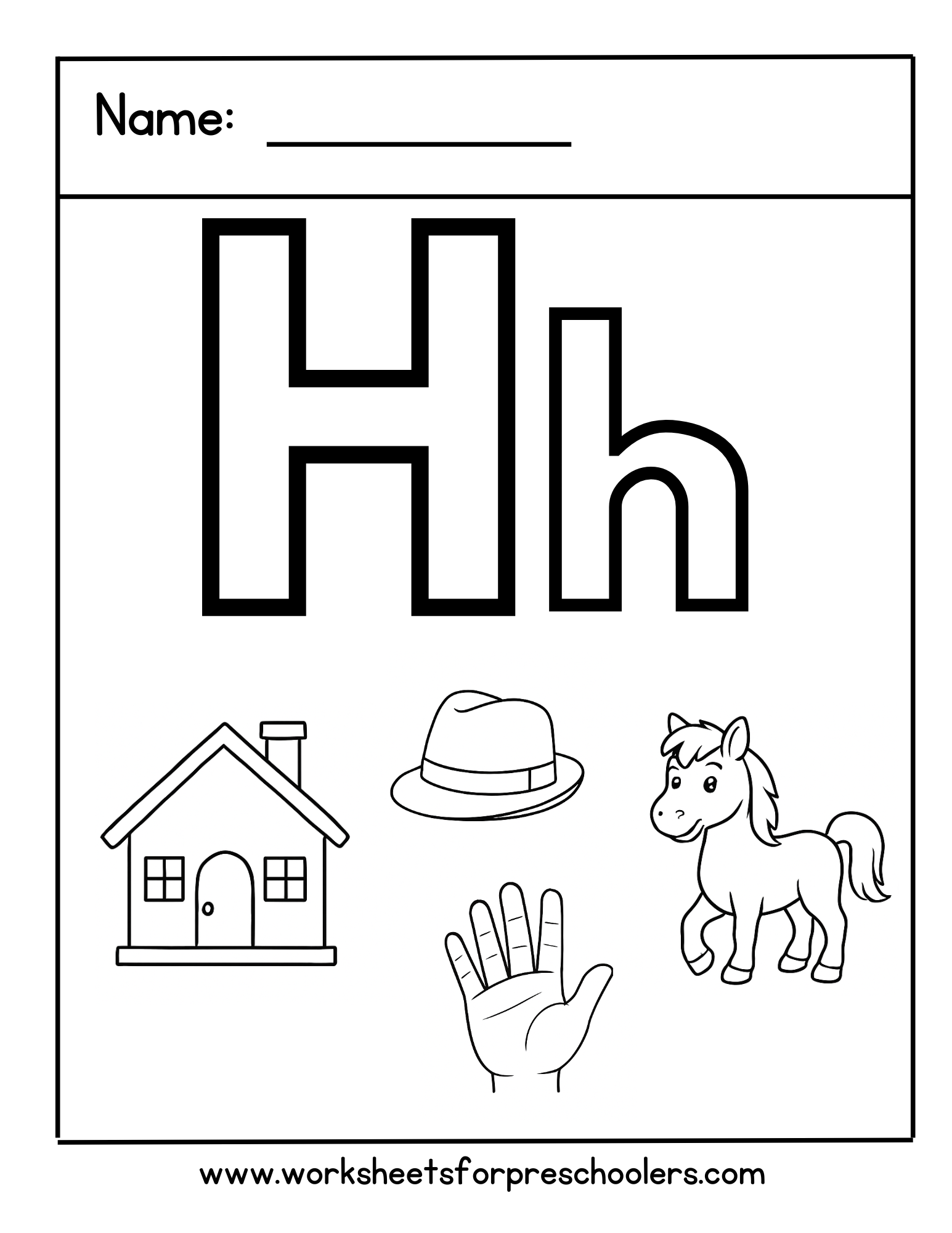 Free Letter H Coloring Worksheet for Preschool and Kindergarten
