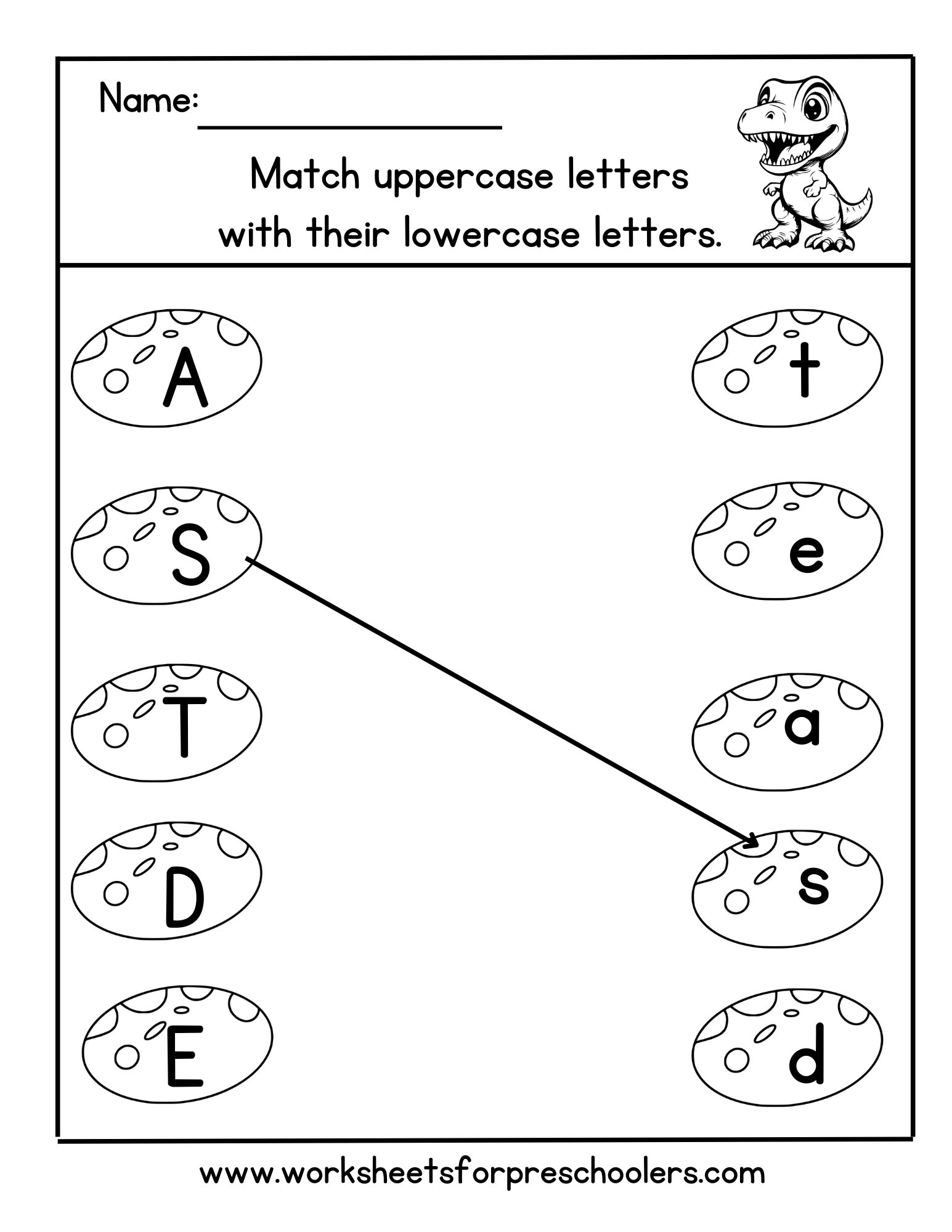 Dinosaur Match Uppercase and Lowercase Letter Worksheet,