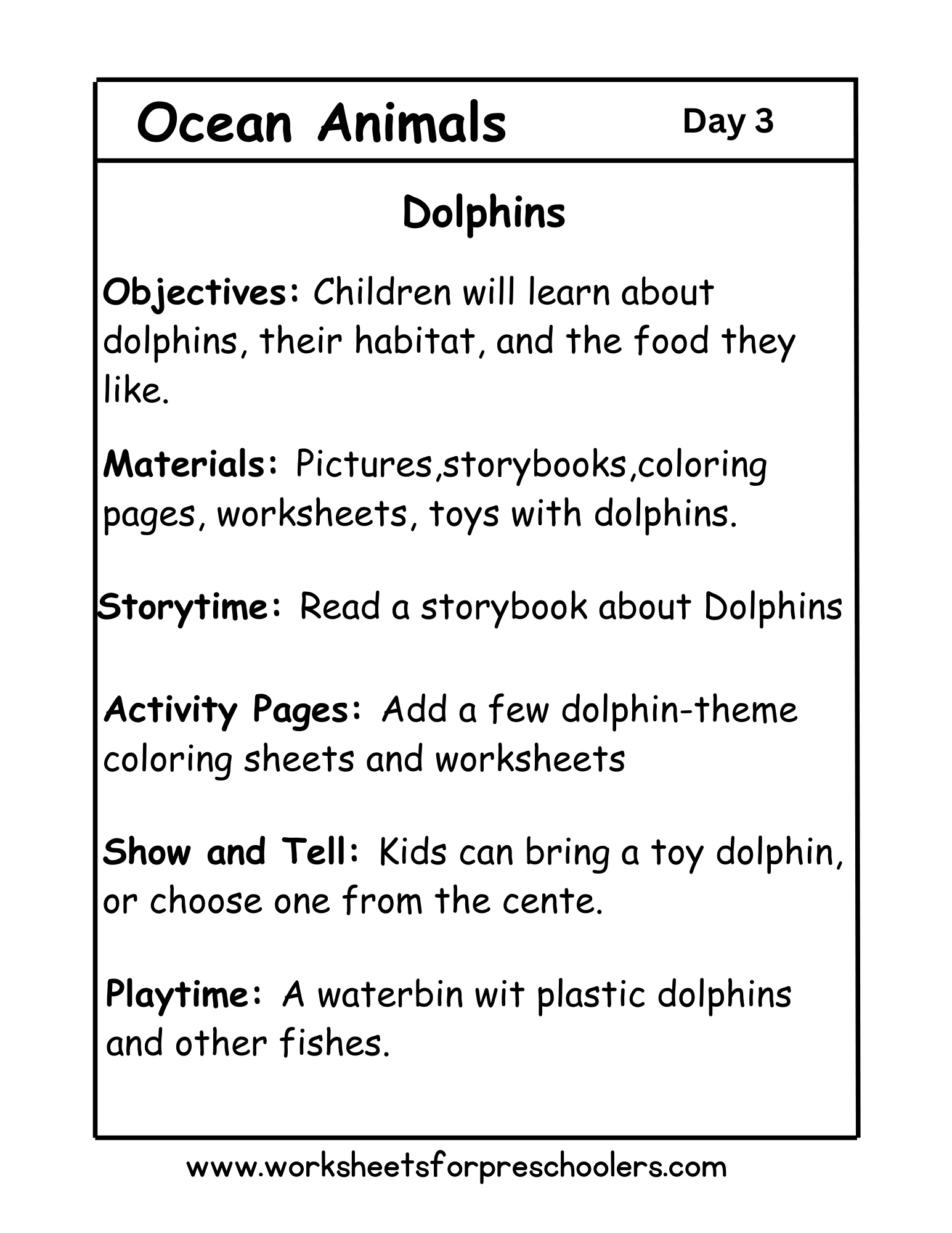 Ocean Animal Daily Lesson Plan Ocean Animal Daily Lesson Plan