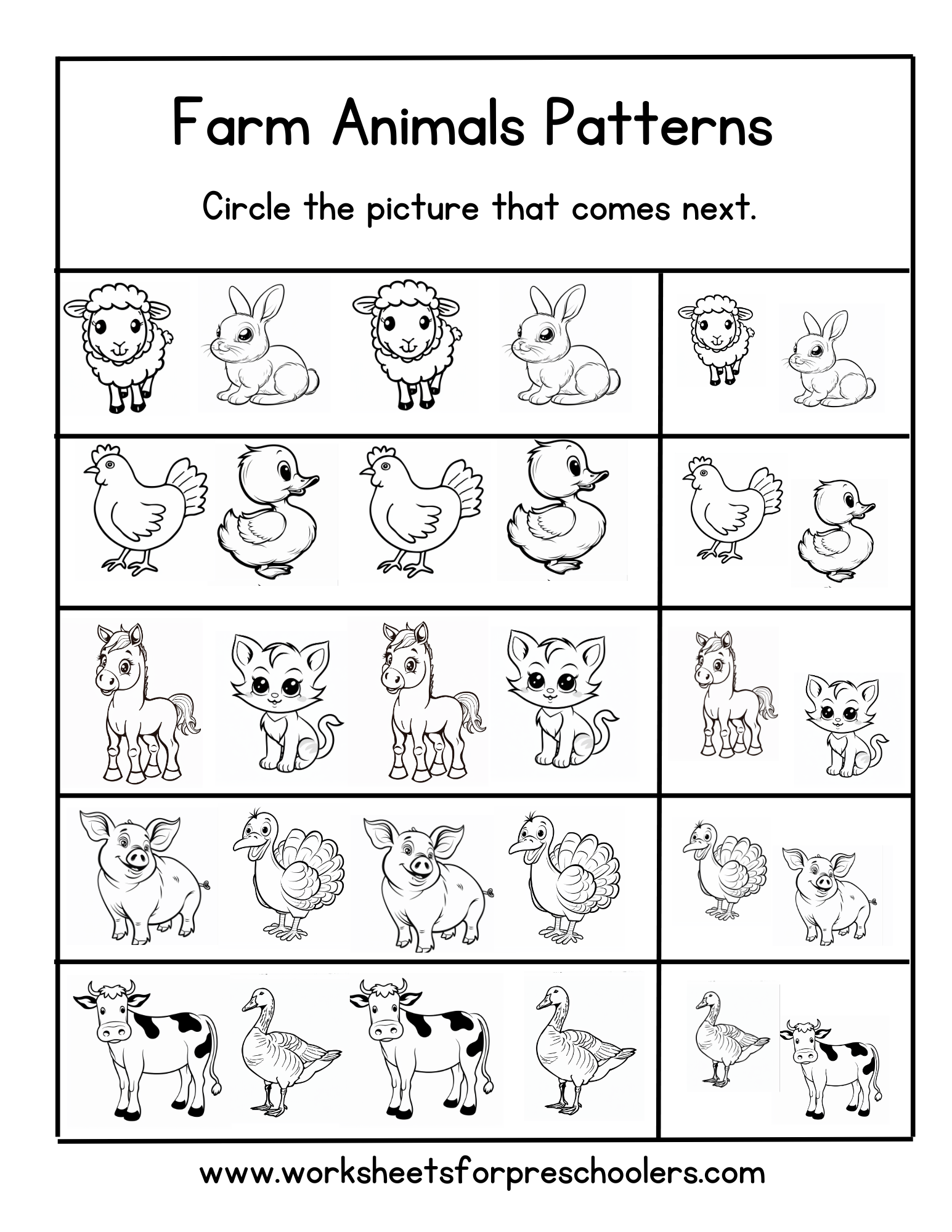 Farm Animals Pattern Recognition Worksheet
