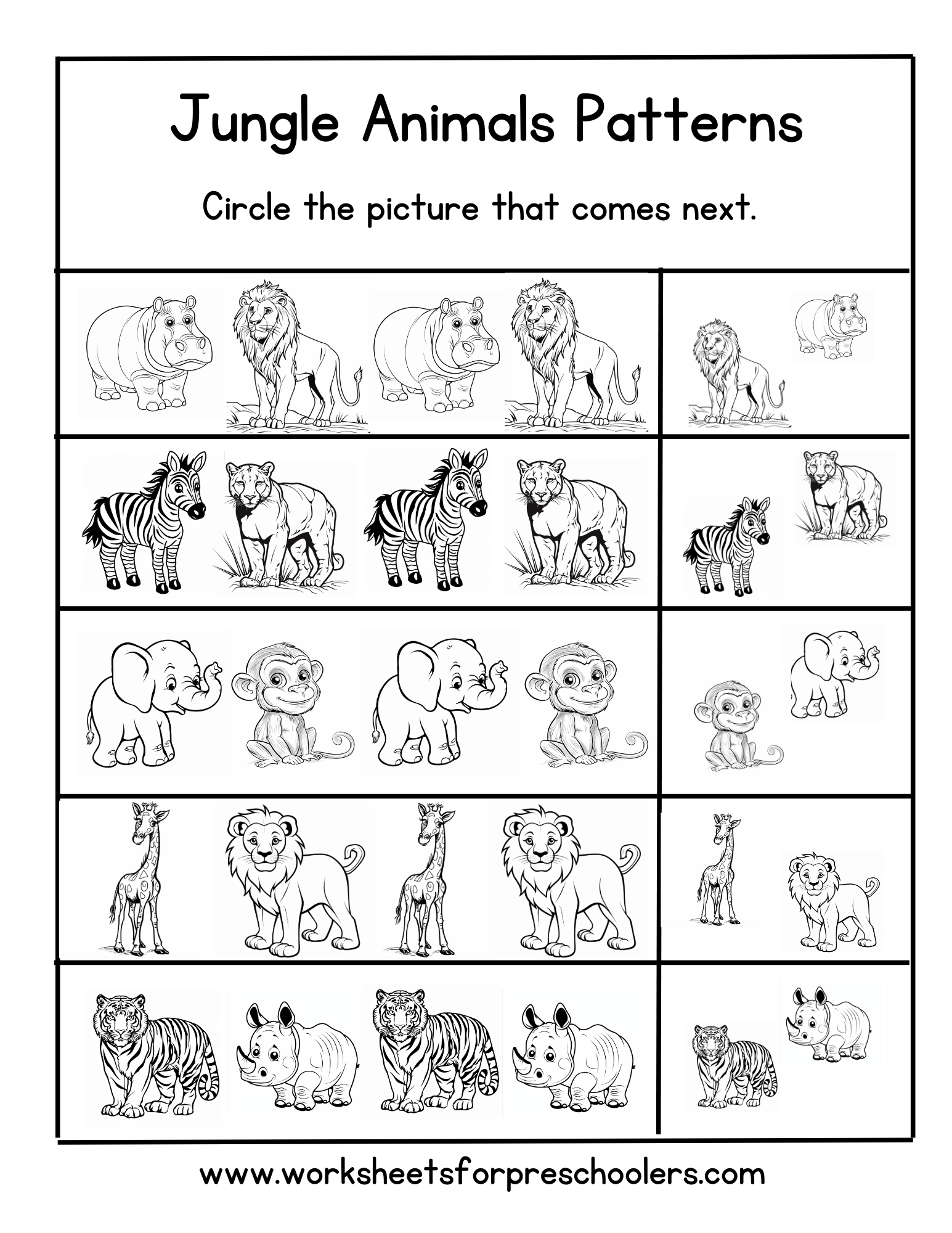 Jungle Animals Pattern Recognition Worksheet